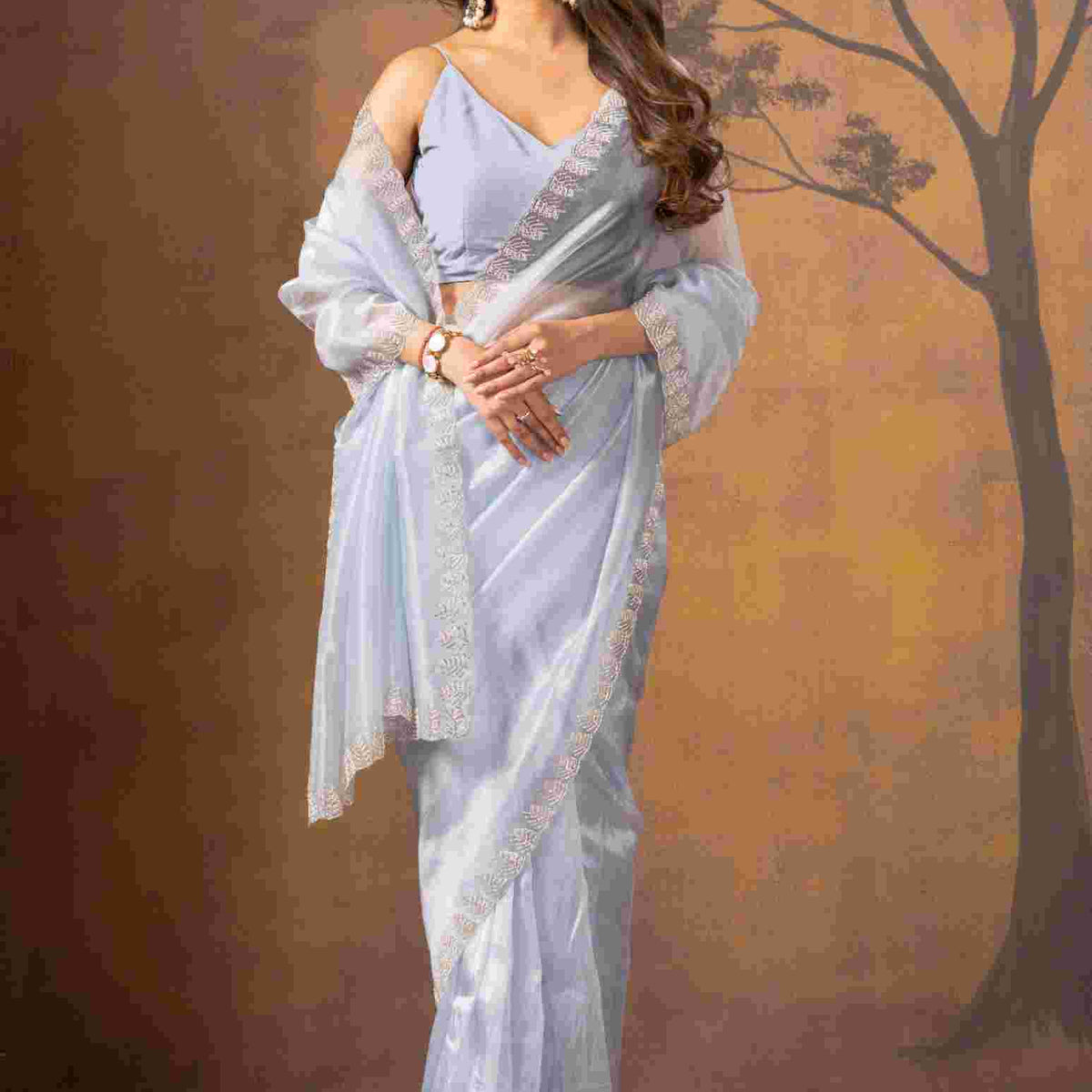 Embroidery Sky Blue Net Saree with Matching Blouse - Designer Saree ...